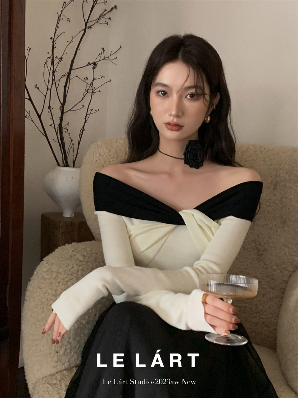 LELART秋新品优雅小众毛衣一字肩拼色法式气质纯欲修身针织衫-阿里巴巴