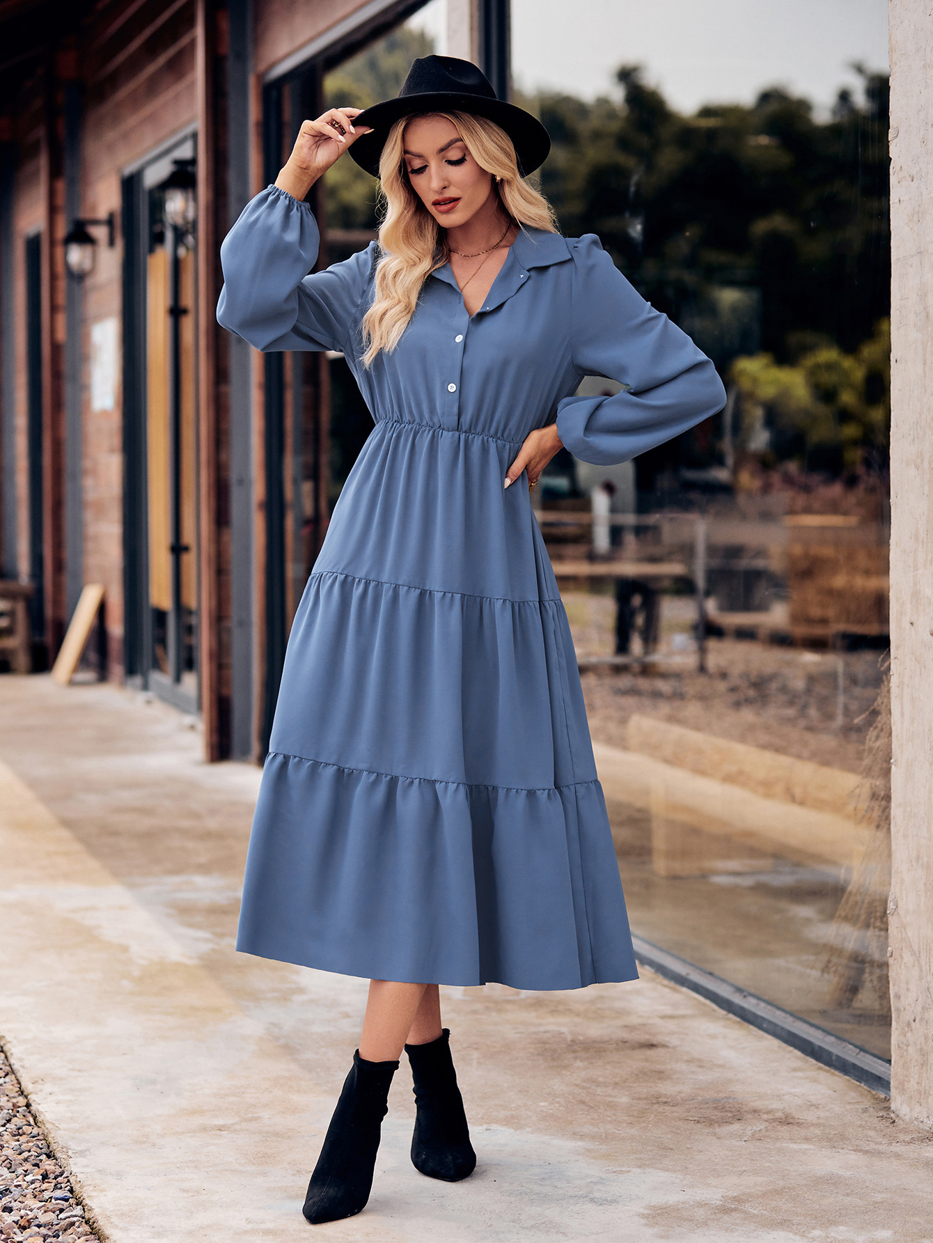 Fashion New Women's Solid Color Casual Waist Long Sleeve Maxi Dress