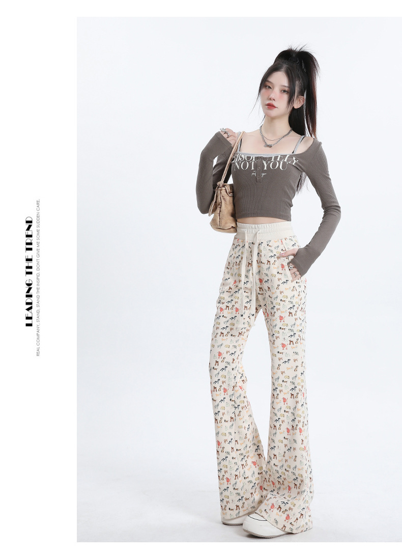 HEY+JEANS狗狗满印花抽绳微喇叭显瘦拖地裤女春秋新款百搭休闲裤-阿里巴巴