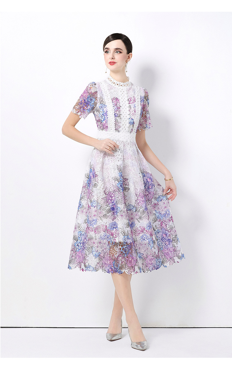 实拍原创短袖感时尚显瘦镂空水溶蕾丝定位中长款连衣裙-阿里巴巴