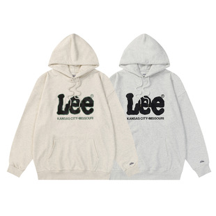 韩国潮牌Lee连帽休闲宽松字母牛仔贴布绣情侣款毛圈连帽卫衣-阿里巴巴