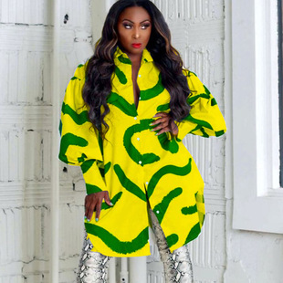 D3072 亚马逊宽松气质通勤印花翻领欧美大码外贸衬衫裙非洲连衣裙-阿里巴巴