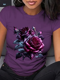 [180gsm Floral Rose Print Tee] Women'S Floral Rose Print-S-阿里巴巴