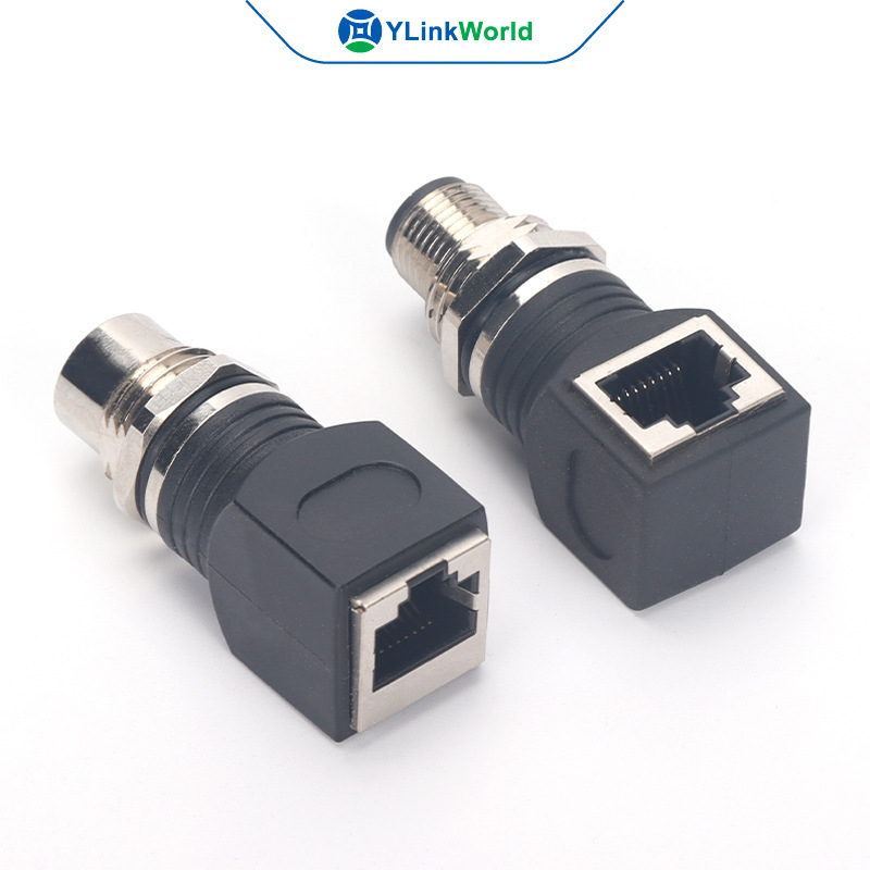 M12公头母头4芯D型转RJ45母头适配器转接头连接器IP67防水螺纹锁-阿里巴巴
