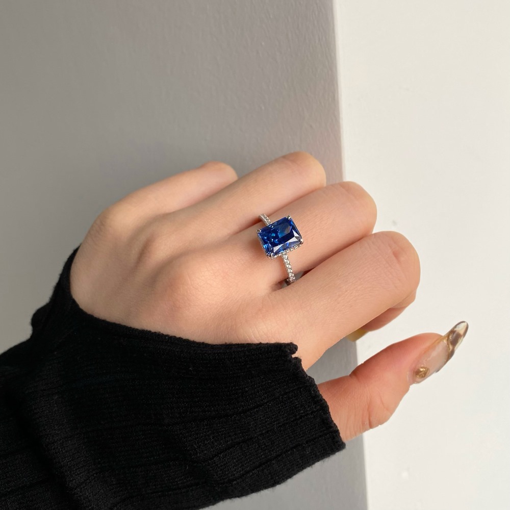 S925银法式超闪方钻8A冰花切锆石仿真钻戒指女ins小众设计戒指女-阿里巴巴