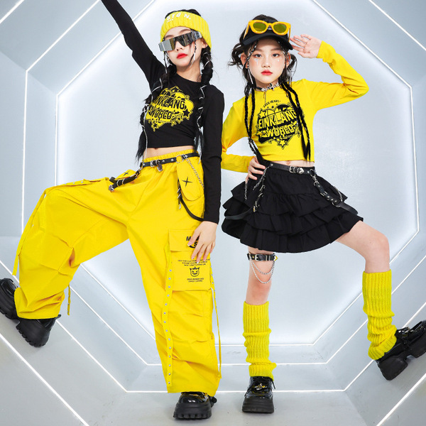 Girls kids yellow hip hop street jazz dance costumes rapper singer gogo ...