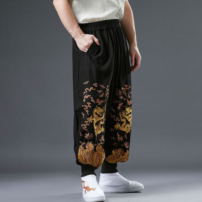 Men Golden Dragon pants lantern pants ramie embroidery loose waist pants