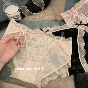 纯欲蕾丝内裤女中腰性感蝴蝶结网纱透气柔软薄法式提臀女士三角裤-阿里巴巴