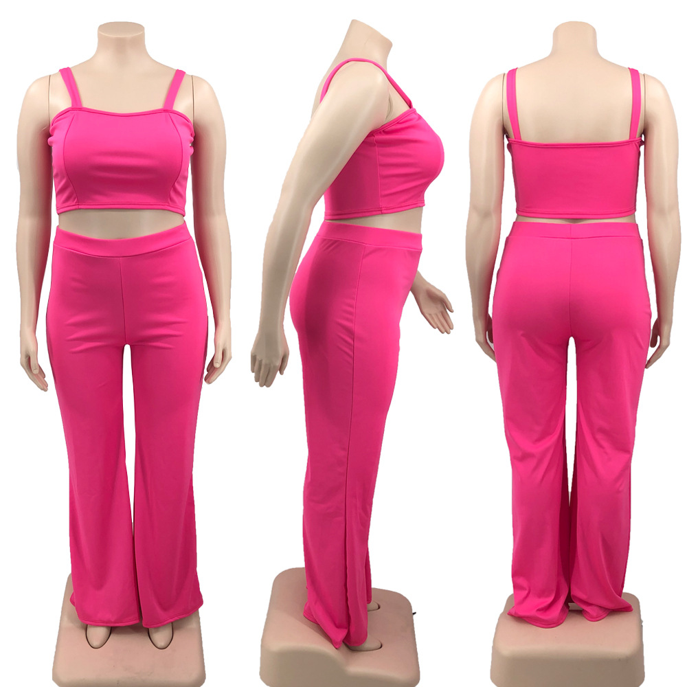 Plus Size Neon Pink Crop Top Flare Pants and Matching Coat 3pcs Set US ...