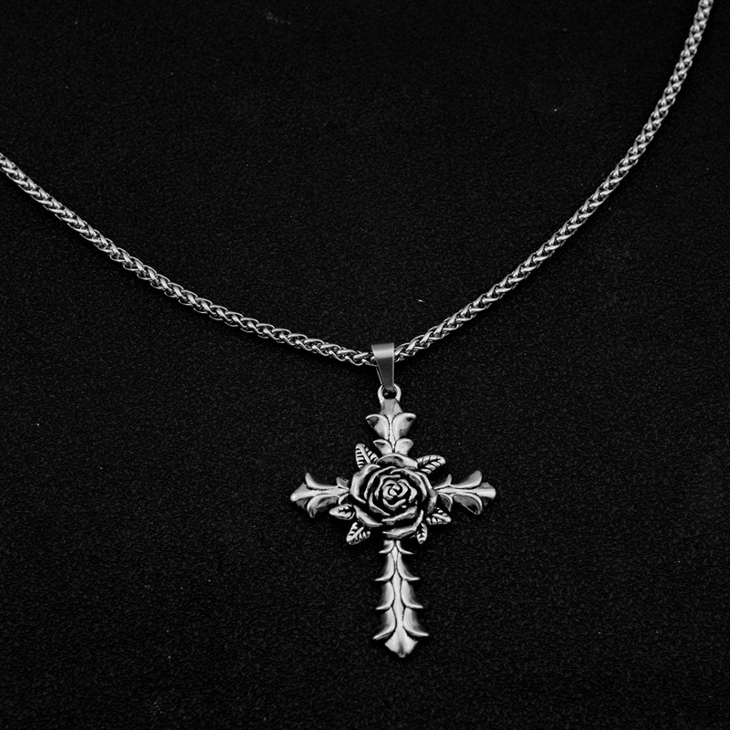 潮款嘻哈玫瑰十字架哥特风吊坠欧美风格潮人男士项链街头个性-阿里巴巴