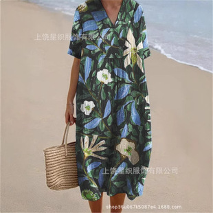 2024跨境新款亚马逊独立站3d印花圆领套头时尚流行拼接女士连衣裙-阿里巴巴