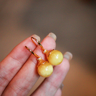 天然蜜蜡13-14mm圆珠耳环s925通体银镀金镶嵌时尚百搭耳饰女-阿里巴巴