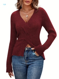 Sweaters for Women Trendy Crossover V Neck Pullover Sweater-阿里巴巴