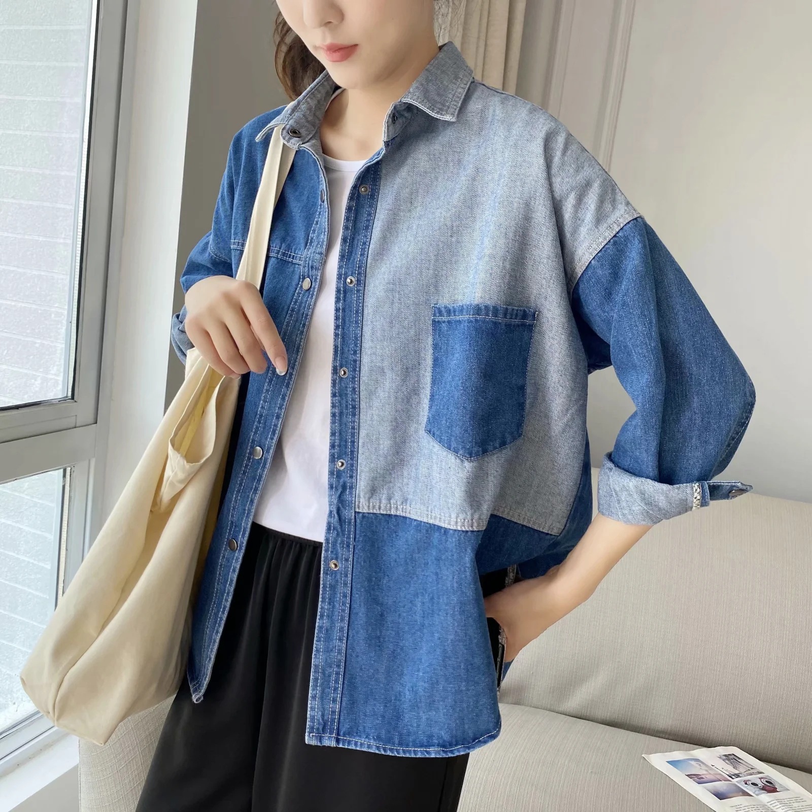 日系森女拼色牛仔衬衫女复古宽松休闲设计感长袖衬衣上衣潮-阿里巴巴