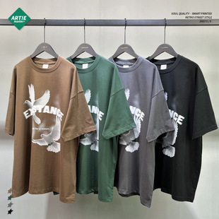 ARTIE男装丨潮牌230G双纱纯棉和平鸽印花短袖T恤宽松男士纯棉上衣-阿里巴巴