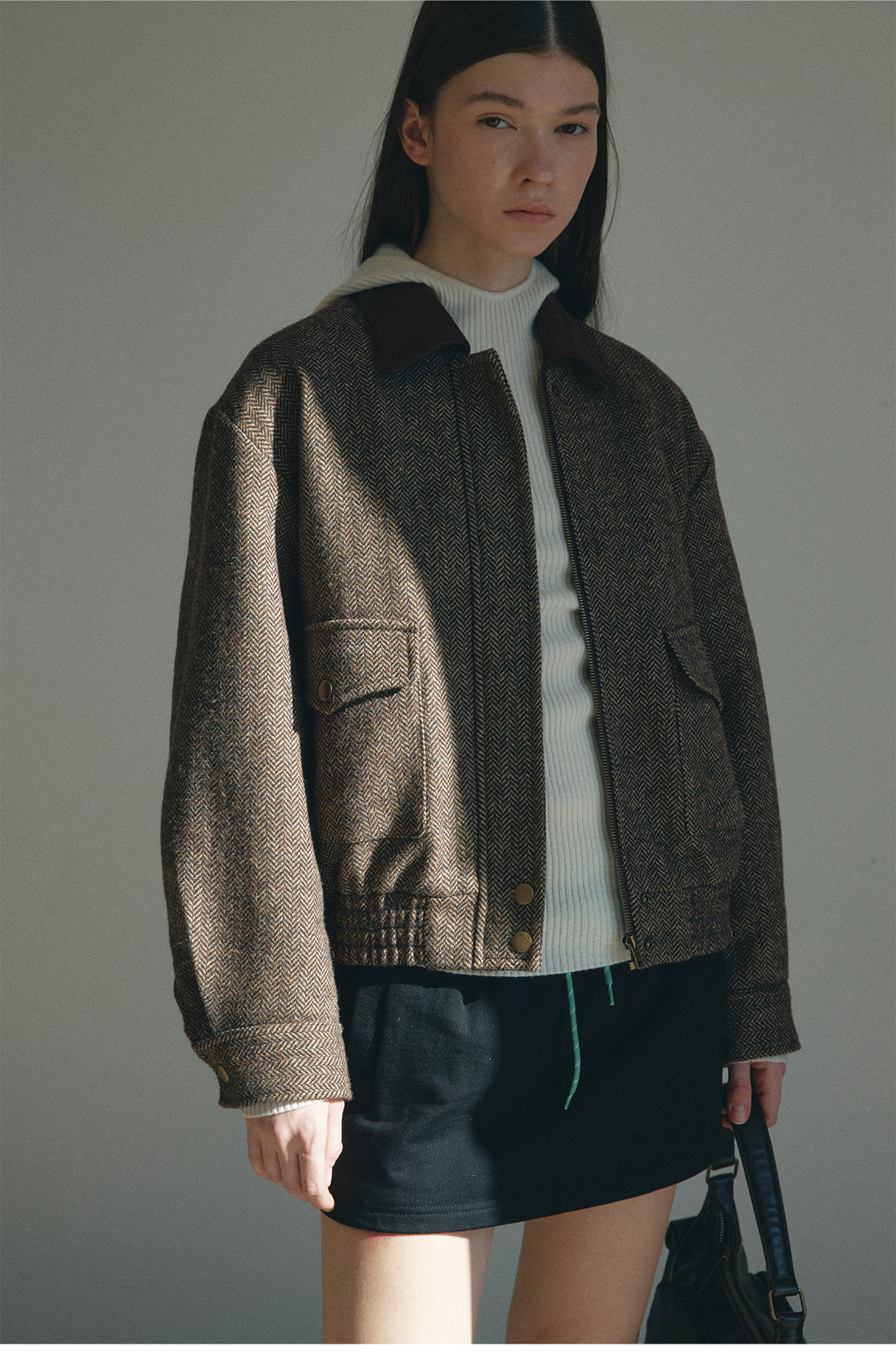 【玳禾】冬季新款休闲翻领羊毛撞色百搭贴袋人字纹夹克外套H7860-阿里巴巴