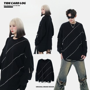 TIDE CARD LOG|美式复古高街不规则破洞别针明线撞色宽松针织毛衫-阿里巴巴