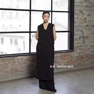 ES MODISH秋季新品韩系高级感V领长款内搭西装双排扣无袖大牌西服-阿里巴巴