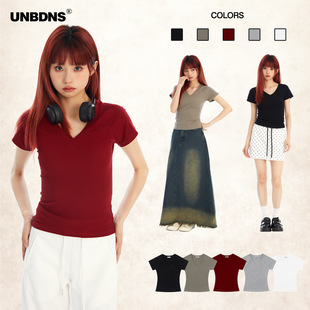 UNBDNS 美式简约插肩短袖t恤女春夏季显瘦修身v领甜辣上衣打底衫-阿里巴巴