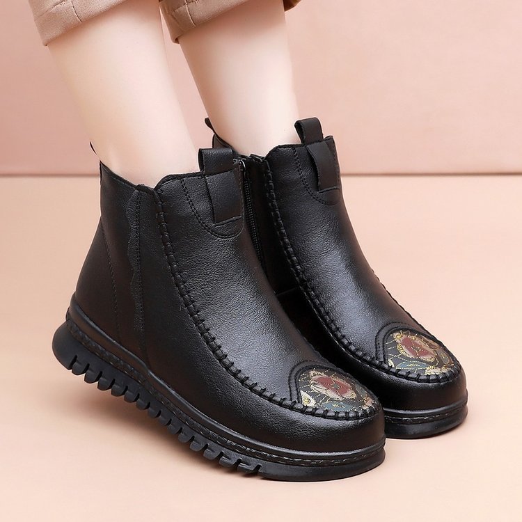 冬季新款妈妈鞋棉鞋平底防滑复古女鞋中老年加绒保暖短靴老人皮靴-阿里巴巴