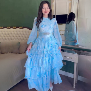 欧美风跨境女装2025秋季新款泡泡袖收腰蛋糕款连衣裙公主风晚宴裙 阿里巴巴