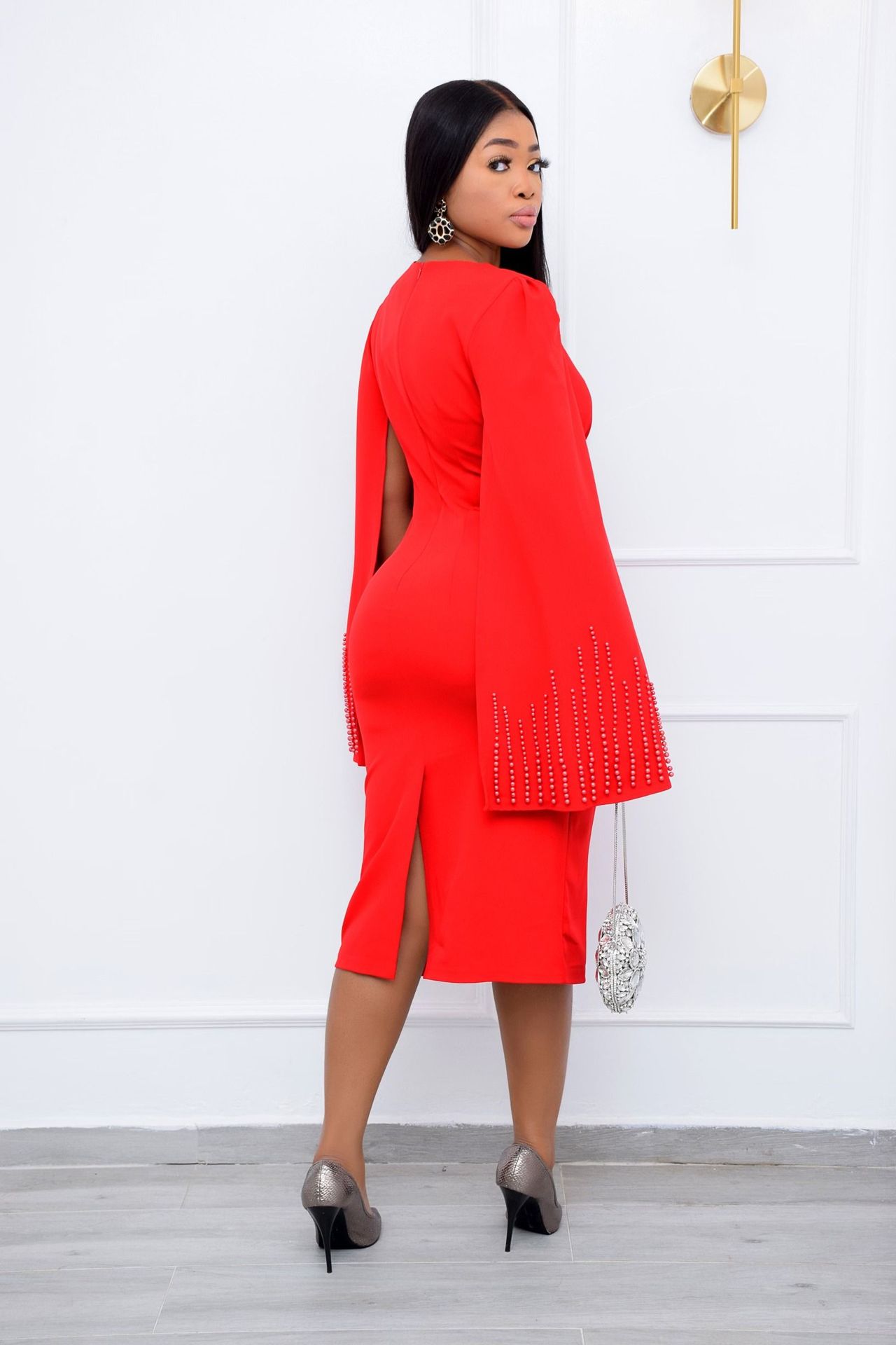 L0367速卖通 亚马逊欧美外贸女装冬季钉珠斗篷扭结收腰纯色连衣裙-阿里巴巴