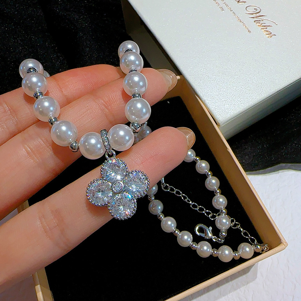 东大门甜美轻奢项饰灰色珍珠短项链锆石微镶带吊坠锁骨链 89251-阿里巴巴