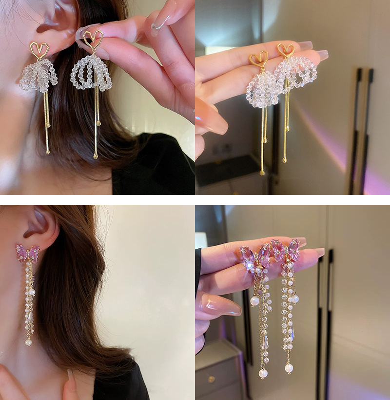 银针时尚水晶镶钻花朵流苏耳环个性设计感珍珠耳钉小众气质耳饰女-阿里巴巴