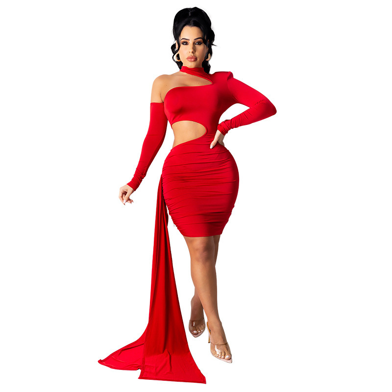Women night club singers bar sexy dresses red black Pleated waist dress ...