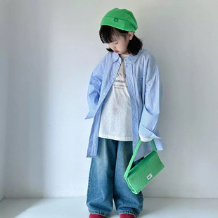 NYPP韩国童装秋季新款男女童休闲条纹衬衫搭配宽松牛仔裤童套装-阿里巴巴