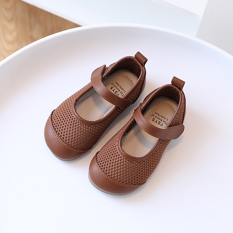 Girls' leather shoes spring and summer 2022 new children's hollow knitted soft sole princess ...