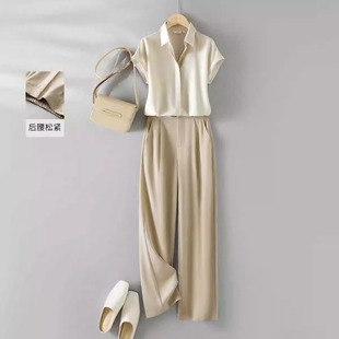 缎面衬衫休闲裤两件套女2024夏季新款气质小衫直筒裤子套装女-阿里巴巴