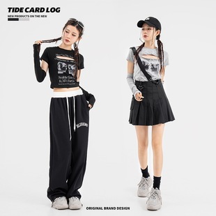 TIDE CARD LOG新品美式性感修身露脐短款印花套袖上衣长袖辣妹T恤-阿里巴巴