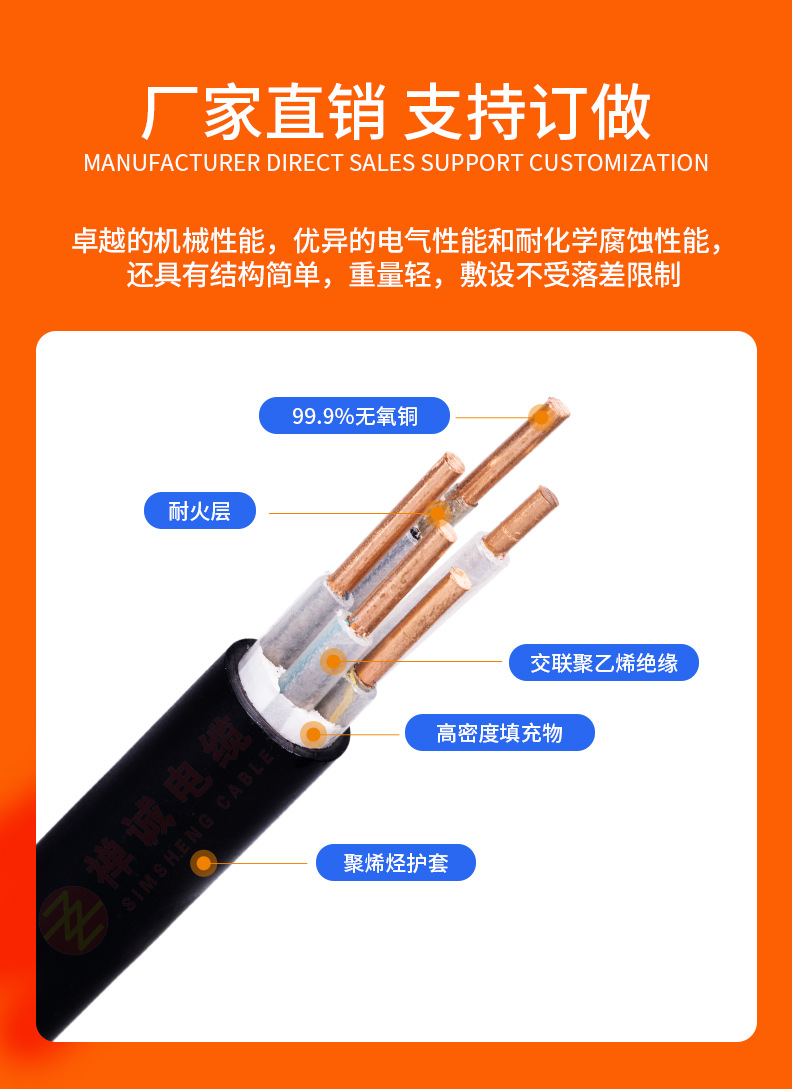 禅诚电缆纯铜 WDZN-YJY 2/3芯1.5~300平方交联聚乙烯绝缘电力电缆-阿里巴巴