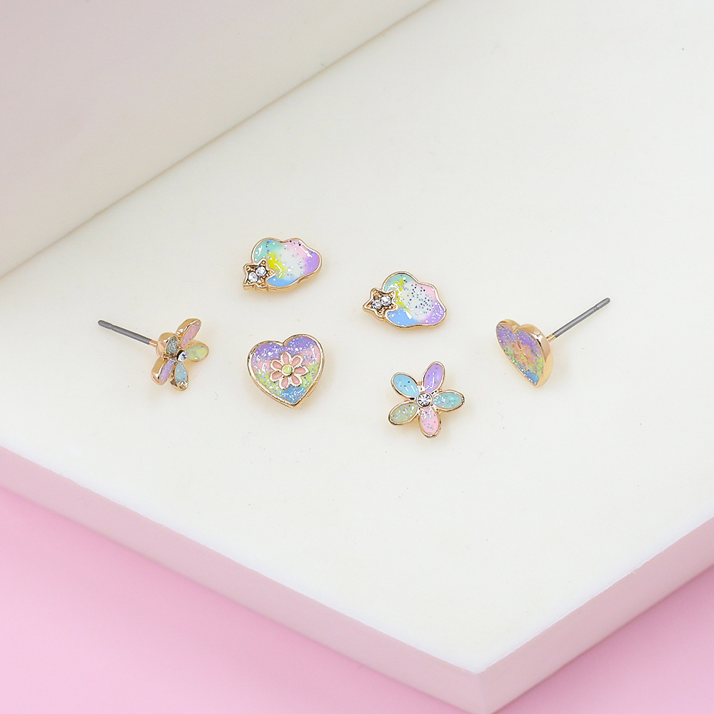 跨境欧美儿童耳钉三对花朵爱心云朵环保滴油耳钉饰品-阿里巴巴