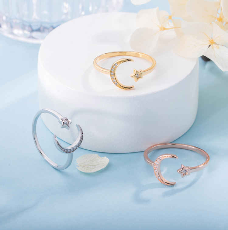 嘻咕J0110 S925银星星月亮戒指个性时尚开口可调节月亮之星指环-阿里巴巴