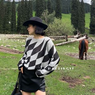 MADEINOST不退不换 复古慵懒风菱格镂空苎麻混纺针织长袖-阿里巴巴