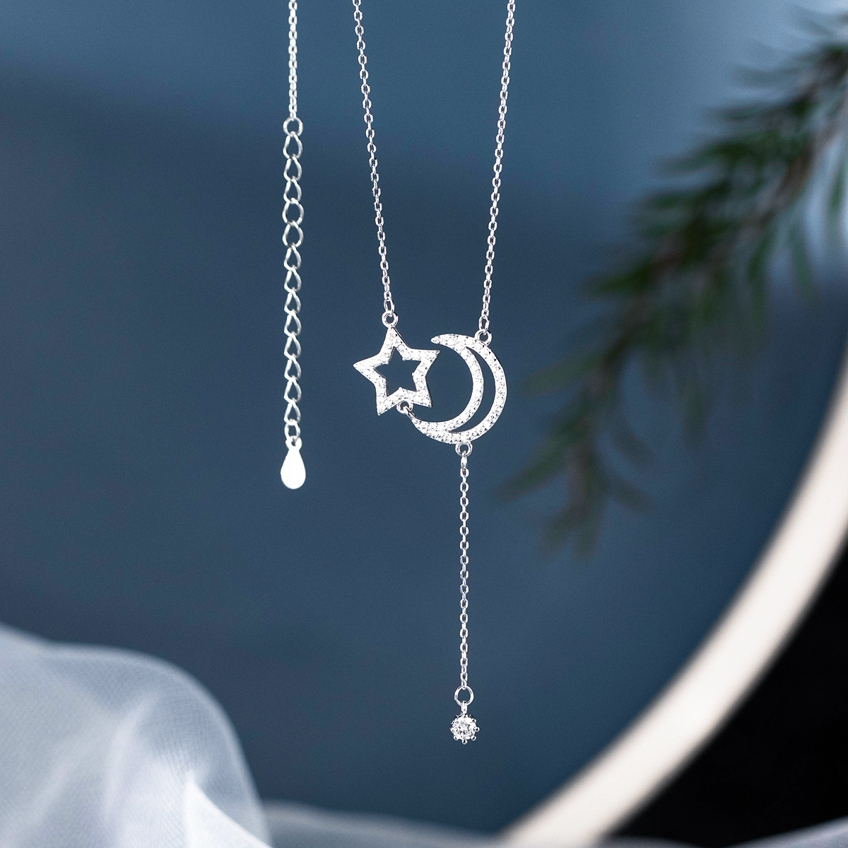 纳兰 S925银韩版星星月亮项链简约少女镶钻Y形森系毛衣链D7991-阿里巴巴