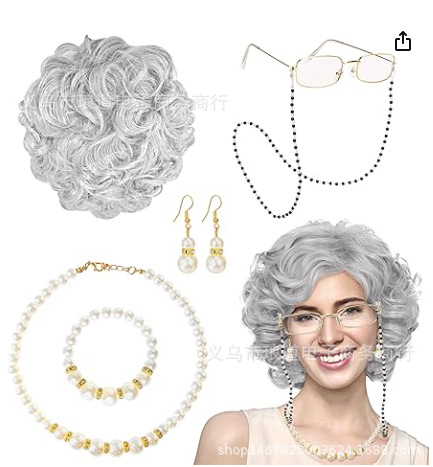 万圣节舞会开学100天Cosplay老奶奶装扮假发老花镜项链眼镜链套装-阿里巴巴