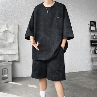 大码夏装套装美式高街短袖短裤两件套跨境男士潮酷帅穿搭扎染T恤-阿里巴巴