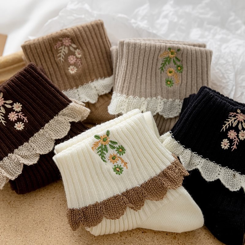 Lace socks women's cute Japanese style flip vintage small flower ...