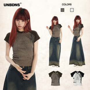 UNBDNS 美式复古辣妹印花t恤短袖女夏设计感小众修身百搭短款上衣-阿里巴巴