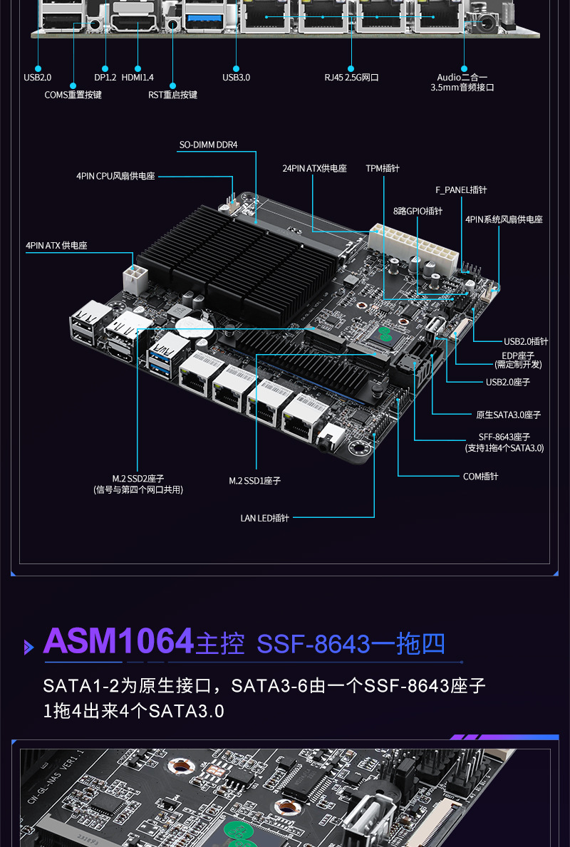 畅网J4125六盘位NAS低功耗主板双M.2 NVMe私有云服务器云存储PVE/-阿里巴巴