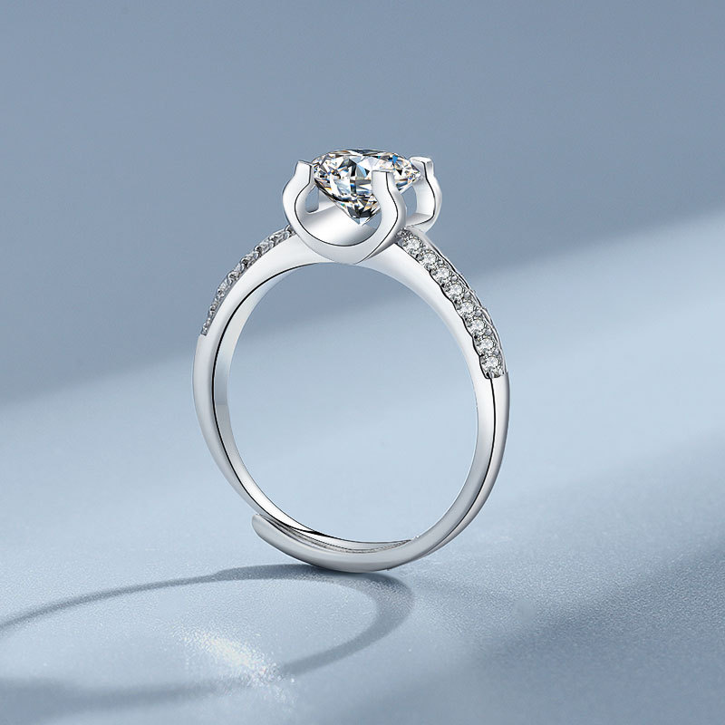 微镶牛头S925银戒指女镀白金pt950钻戒子镶嵌莫桑石空托一件代发-阿里巴巴