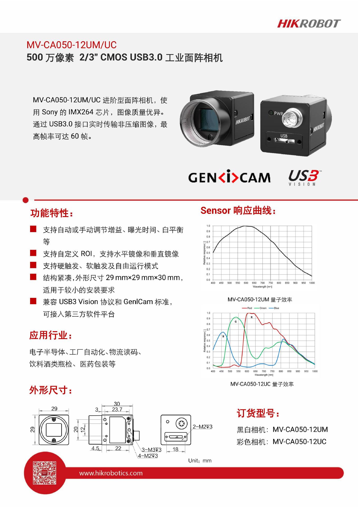 海康工业相机500万网口MV-CA050-10GM机器视觉自动化检测面阵相机-阿里巴巴
