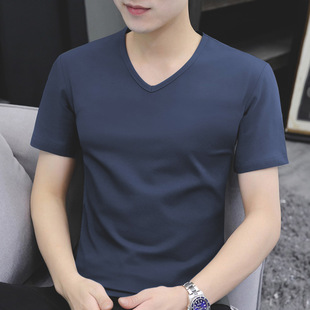 v领t恤男装短袖2024打底衫新款潮流百搭针织衫纯色纯棉200克上衣-阿里巴巴