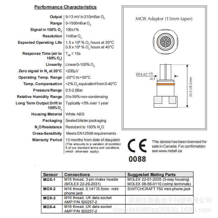 CITY氧电池MOX3迈瑞SynovenE3/e5/sv300氧气传感器MOX-3*医疗级-阿里巴巴