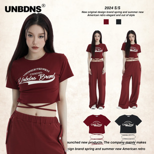 UNBDNS 美式复古字母印花绑带设计短袖T女夏辣妹修身显瘦露脐上衣-阿里巴巴
