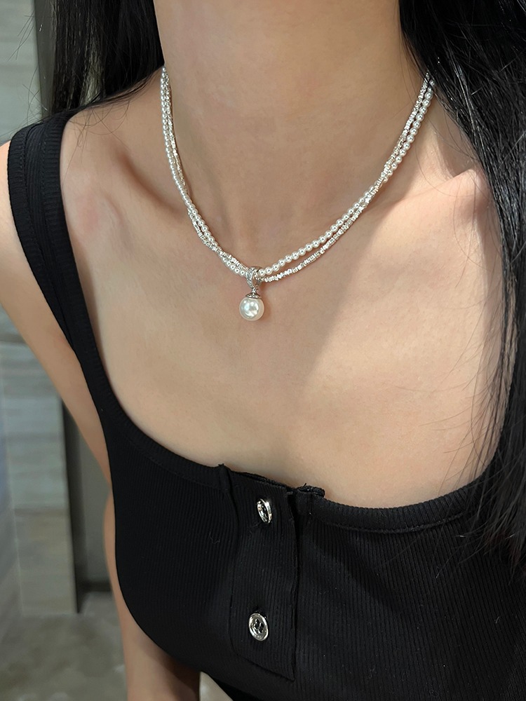 万能扣吊坠S925纯银碎银子施家强光珍珠双层项链小众设计锁骨链女-阿里巴巴