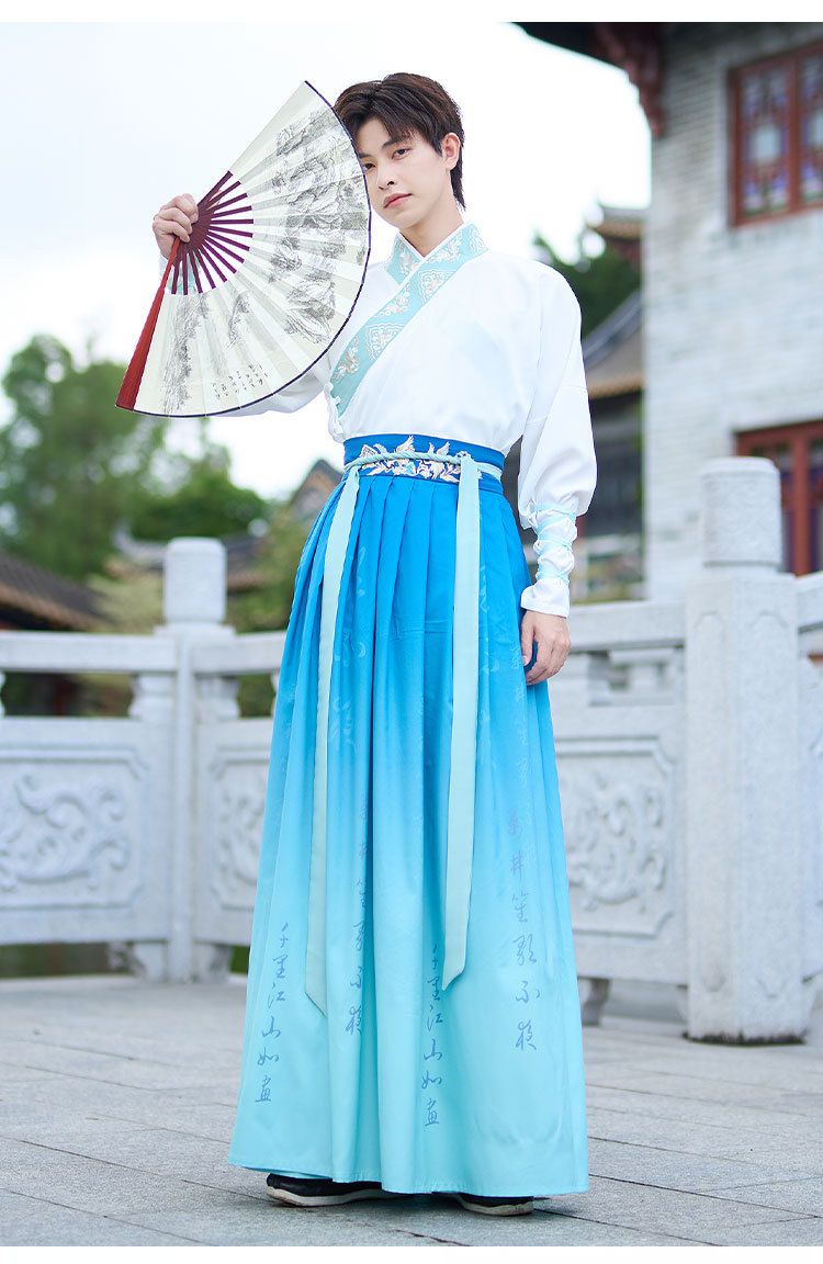 中国风夏季浅水蓝色大码男装古风汉元素汉服男士帅气公子侠客套装-阿里巴巴